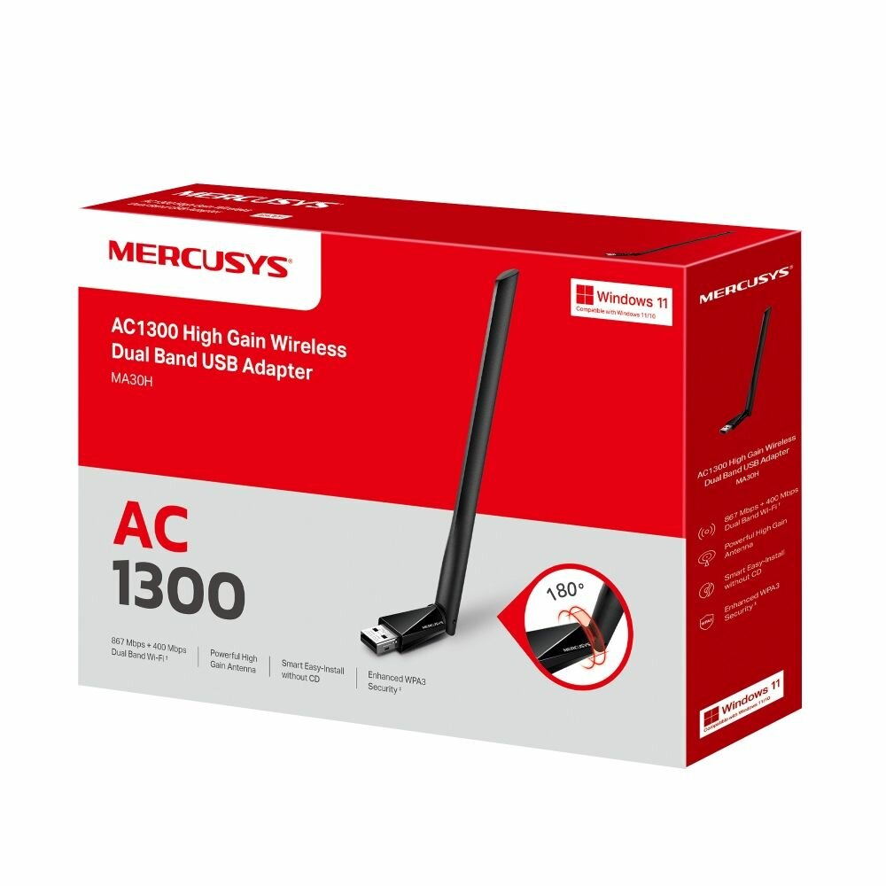 Wifi адаптер для компьютера USB двухдиапазонный AC1300 Mercusys MA30H
