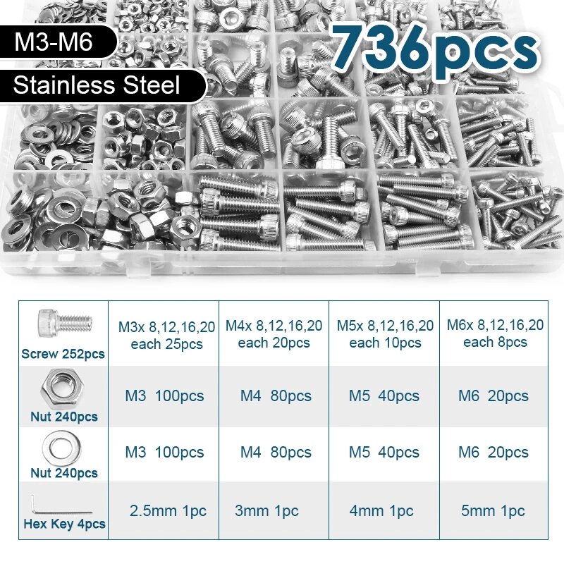 HOWSHENG Комплект болтов и гаек из нержавеющей стали 1403/736 шт, 736pcs Set