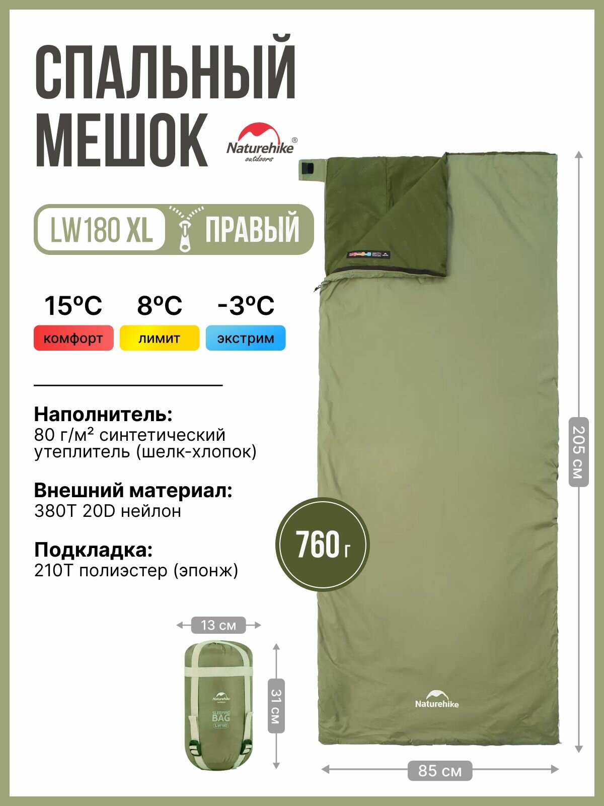 Мешок спальный Naturehike LW180 XL NH21MSD09 зеленый, молния справа