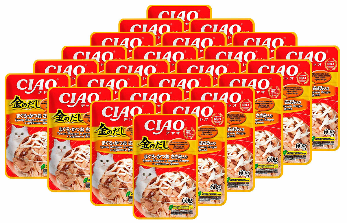 Корм влажный Inaba Ciao Kinnodashi для взрослых кошек, тунец Магуро, тунец Кацуо и филе курицы, 60 гр х 24 шт