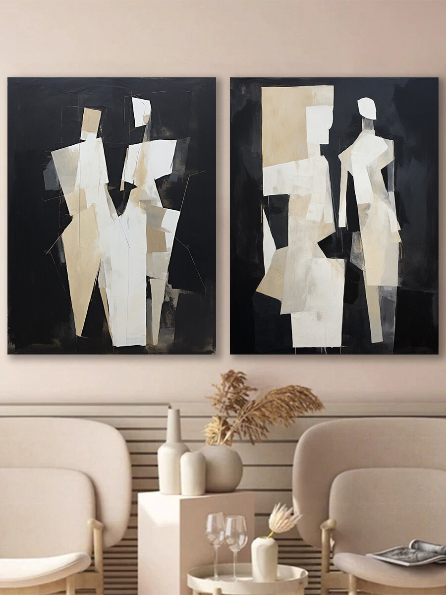 Модульные картины на стену / диптих - "Силуэты людей, абстракция, пара девушка и мужчина", картина 2 шт, модуль 40х60 см