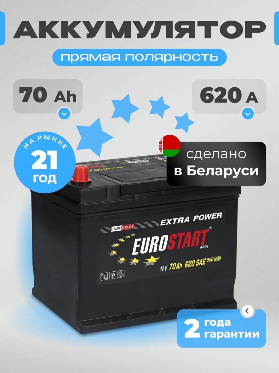 Аккумулятор автомобильный 70 Ач 620 А прямая полярность азия