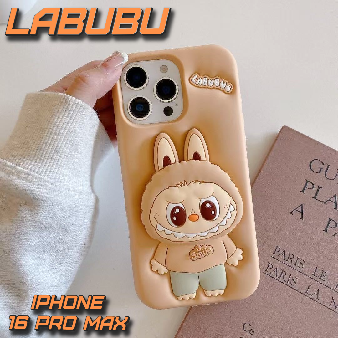 Силиконовый чехол Labubu для iPhone 16 Pro Max защитный, (Popsocket), бежевый