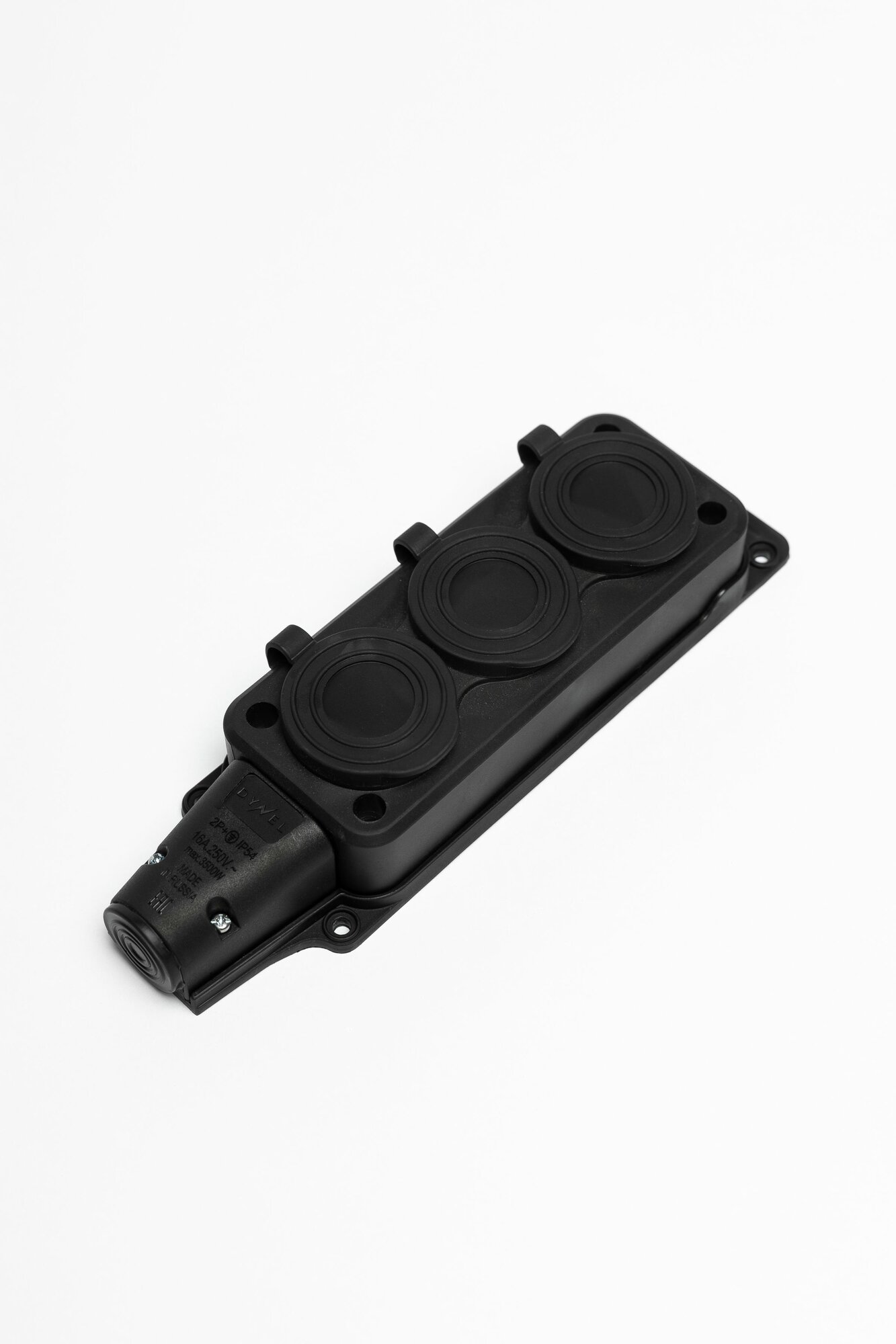 Колодка для удлинителя каучуковая трехместная с крышкой IP54, 16A, 230B, цвет Черный DYNEL