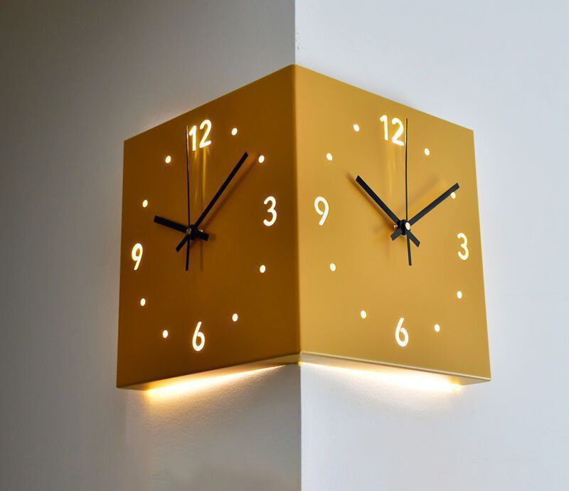 Современные угловые настенные часы, беззвучный, светодиодная подсветка, квадратная, металл, 26x26 см.