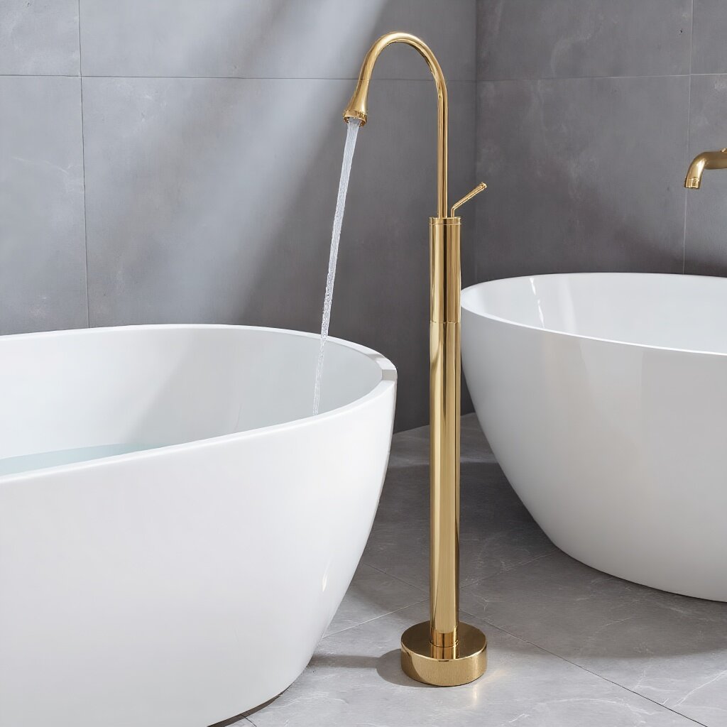 Смеситель для ванны напольный, латунь, аэратор, цвет золотистый