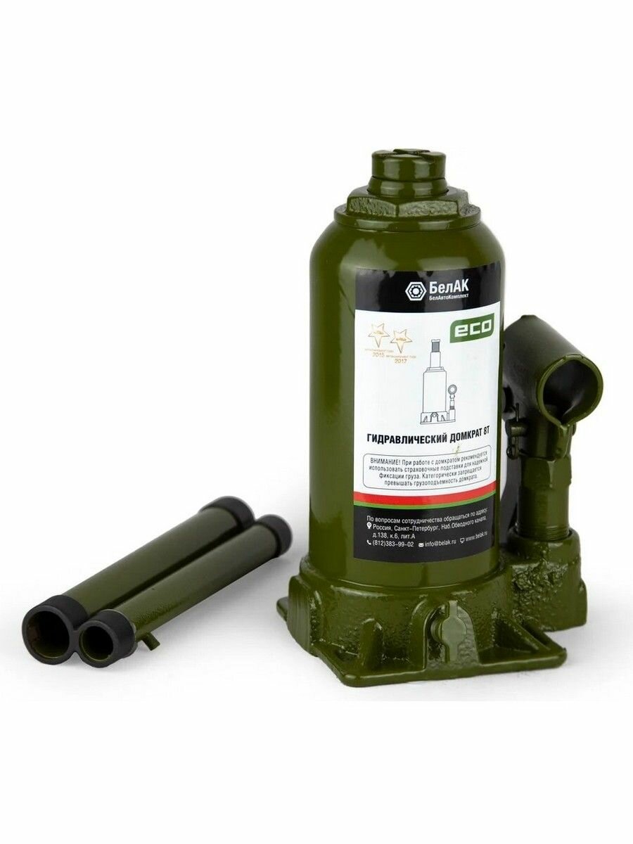 Домкрат БелАК БАК70016, бутылочный, 8 т, высота подъема 34 см, темно-зеленый
