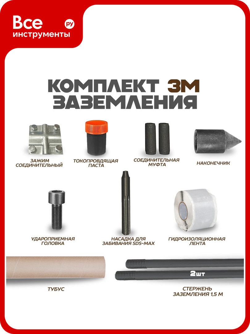 Комплект заземления ЭИК 3 метра с ударной насадкой SDX-max eik003, Стержень и муфты оцинкованы методом термодиффузии