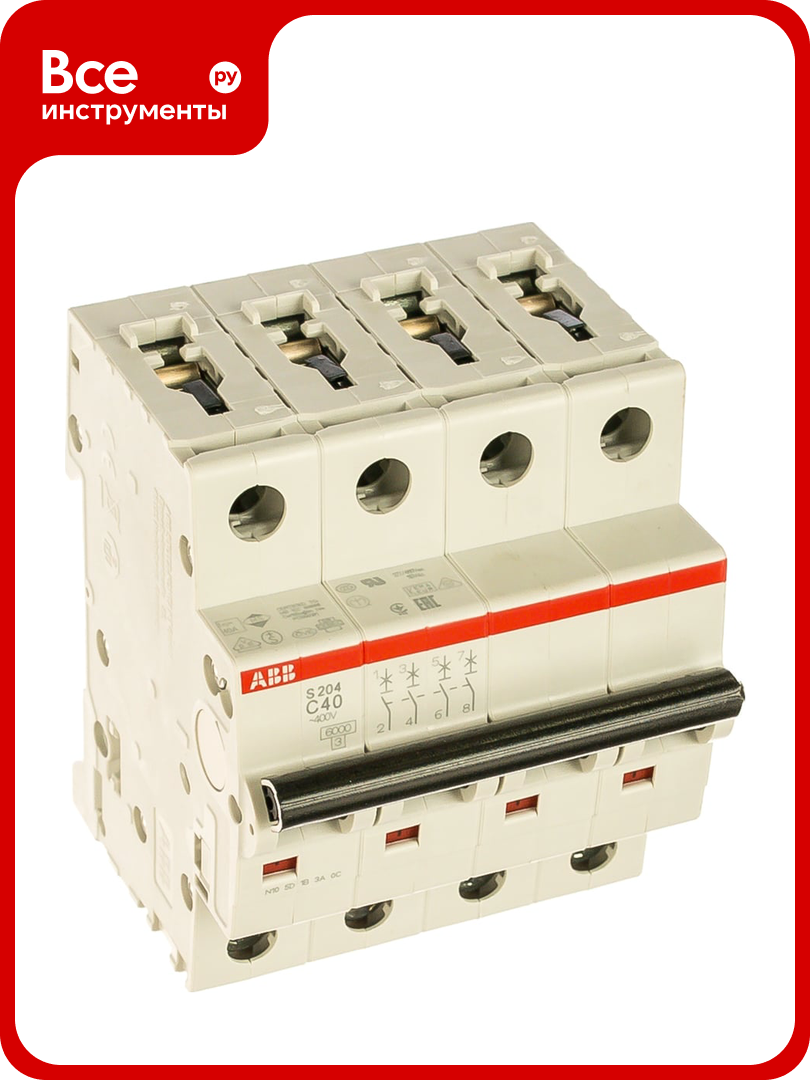 Автоматический выключатель ABB S204 4P 40А 6kA 2CDS254001R0404 модульный тип DIN‑рейка монтаж серый корпус