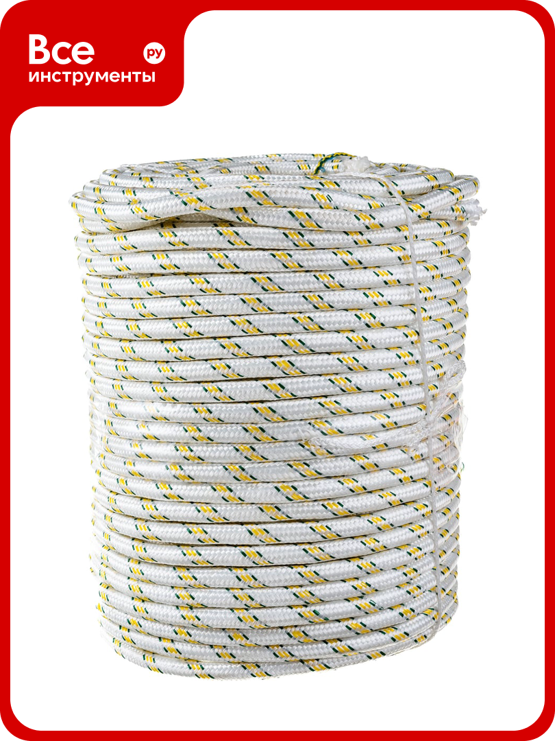 Плетёный капроновый 24-прядный фал с капроновым сердечником, диаметр 12мм, бухта 100м, 2200кгс СИБИН 50220-12