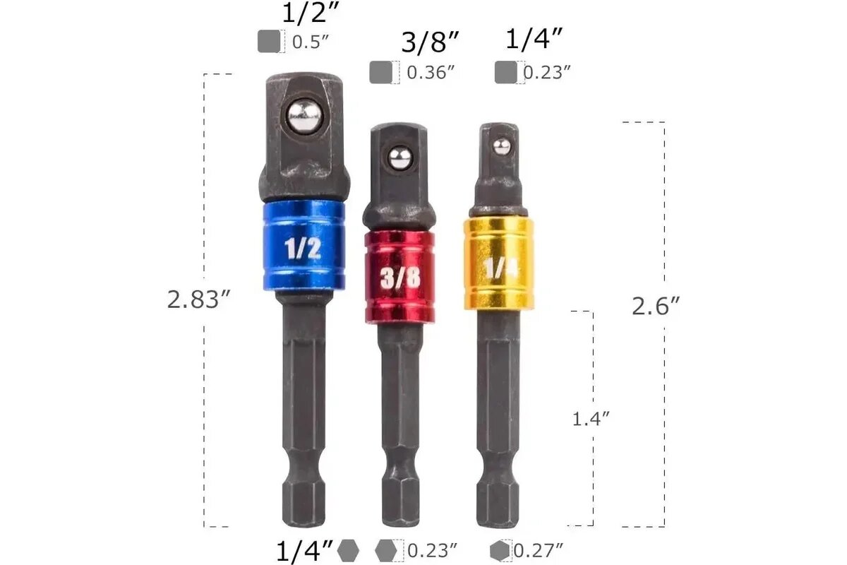Vitatools Переходники под торцевые головки 1/4 3/8 1/2 дюйма, длина 65-73 мм, набор 3 шт