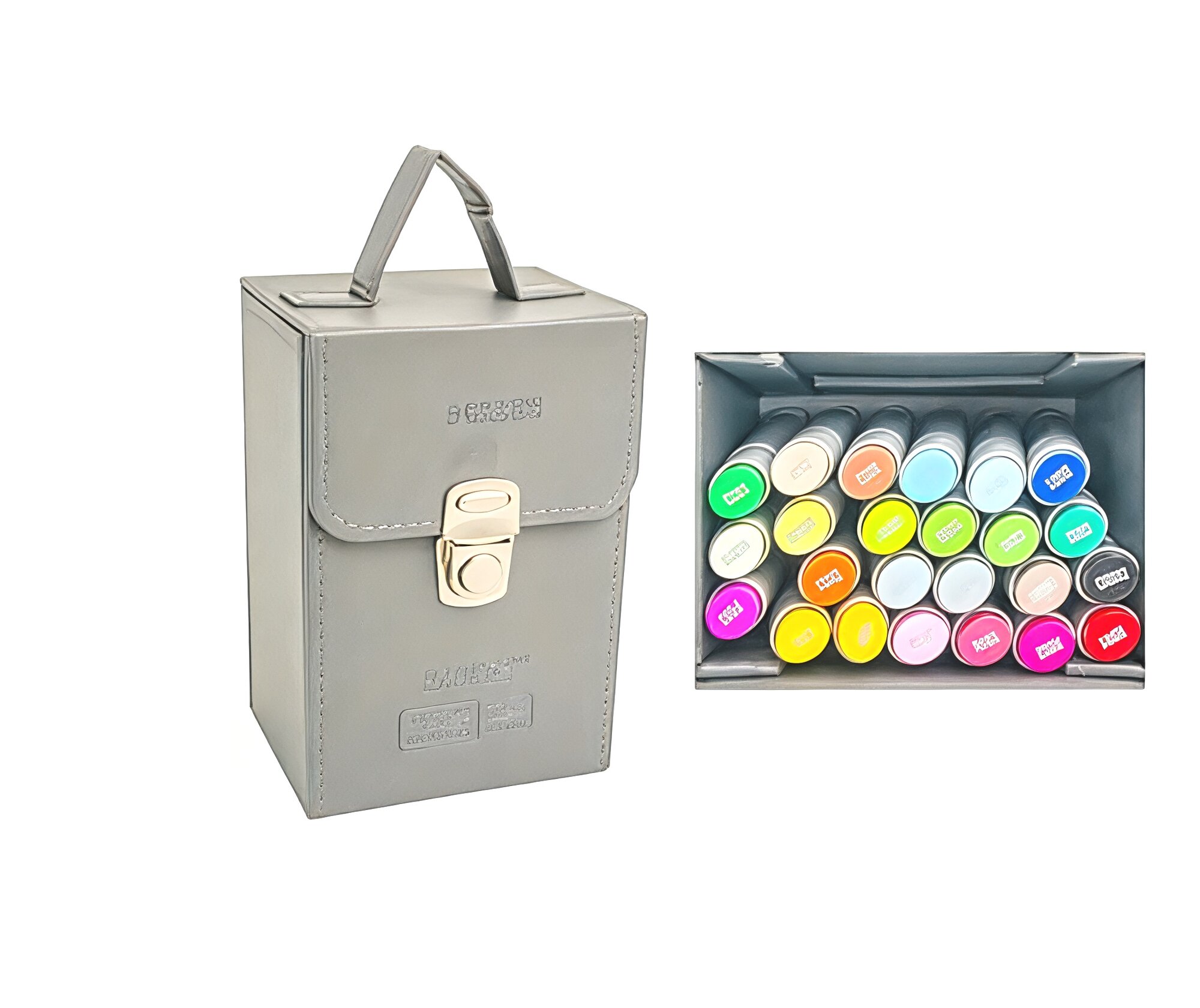 Скетч-маркеры 24 цвета, двухсторонний (острый+скошенный) серый овальный корпус, в чемодане