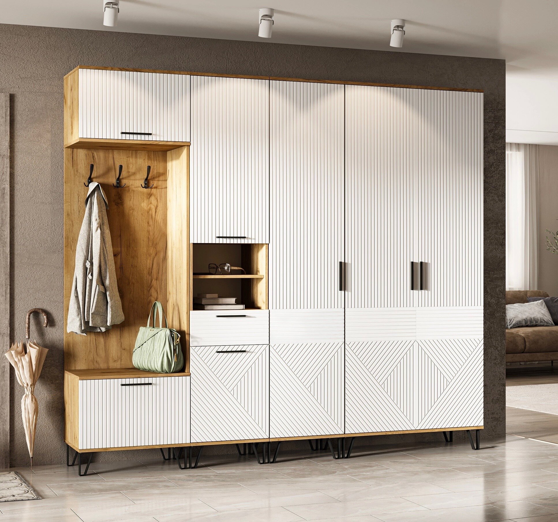 Прихожая Флэш. 2.4 метра. Дуб крафт золотой/белый. Модульная