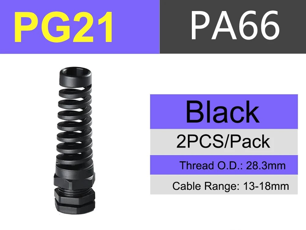 Водонепроницаемые кабельные вводы из нейлона PG9 PG13.5 PG16 PG21-Black-2pcs