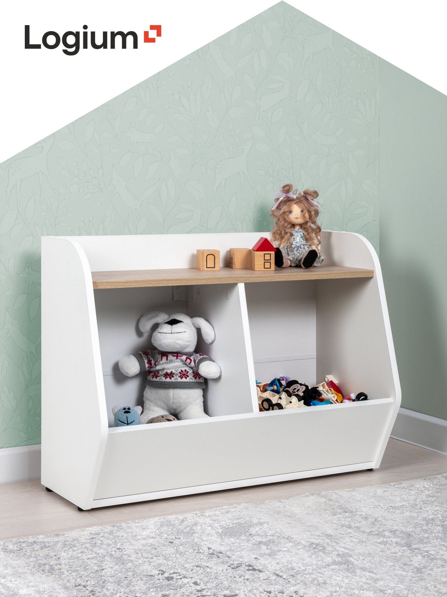Стеллаж для игрушек, 75х32,1х55,7, Топ 16.422.02 Белый шагрень, Дуб белый exclusive, LOGIUM, деревянный напольный
