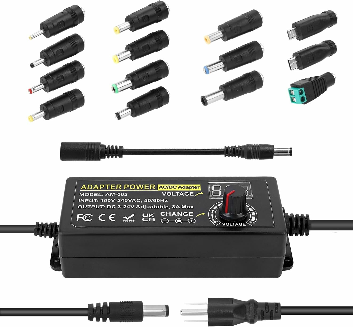 Универсальный блок питания 72 Вт, регулируемый постоянный ток 3 В ~ 24 В, переменный импульсный адаптер переменного / постоянного тока, преобразователь переменного тока 100-240 В в постоянный ток 24 В 3 А с 14 наконечниками и преобразователем полярности