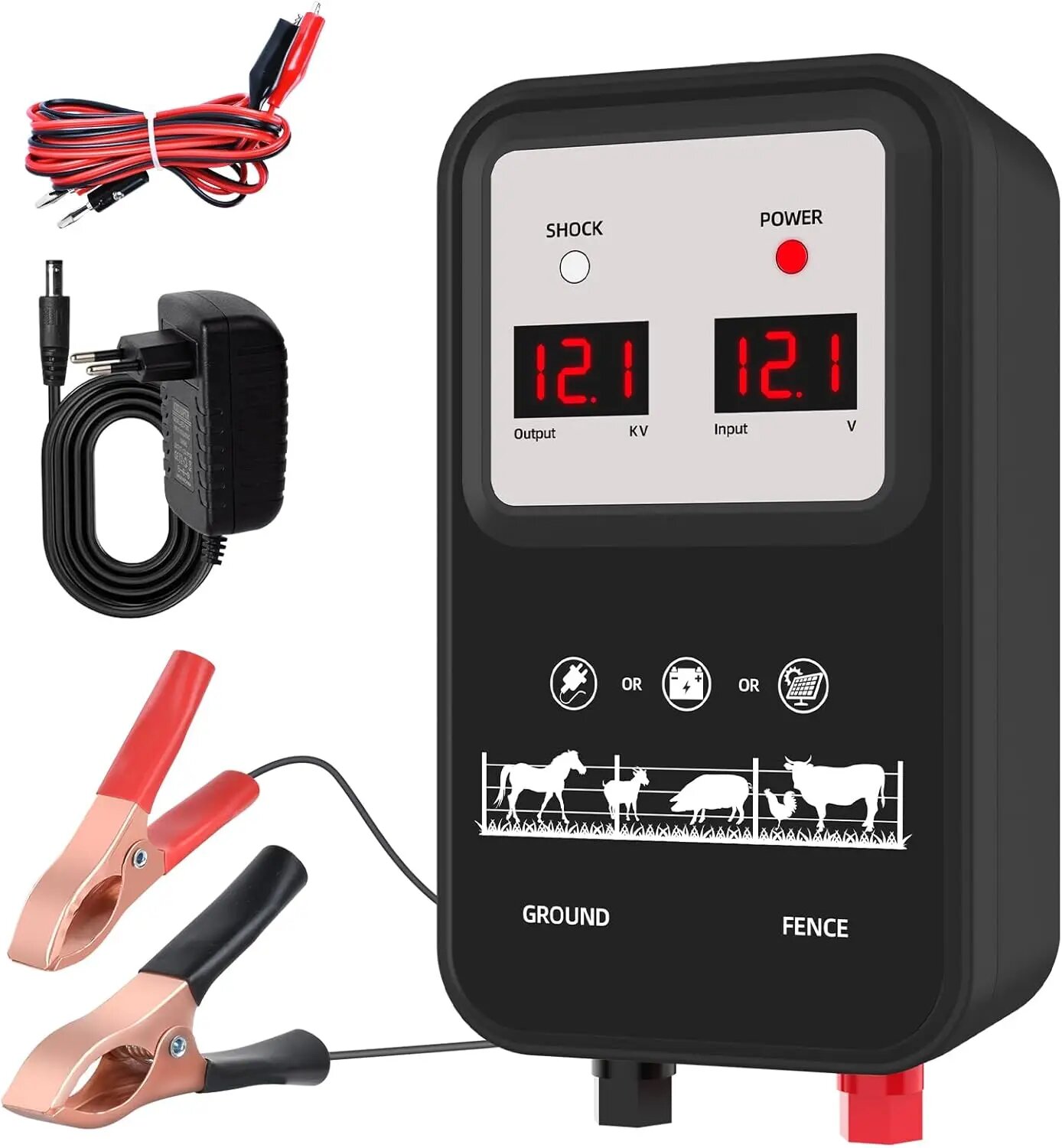 Электрический забор 15 км, зарядное устройство для электрического забора 12 кВ для домашнего скота, подключаемый источник питания для профилактики дикой природы с ЖК-дисплеем EU Plug Black