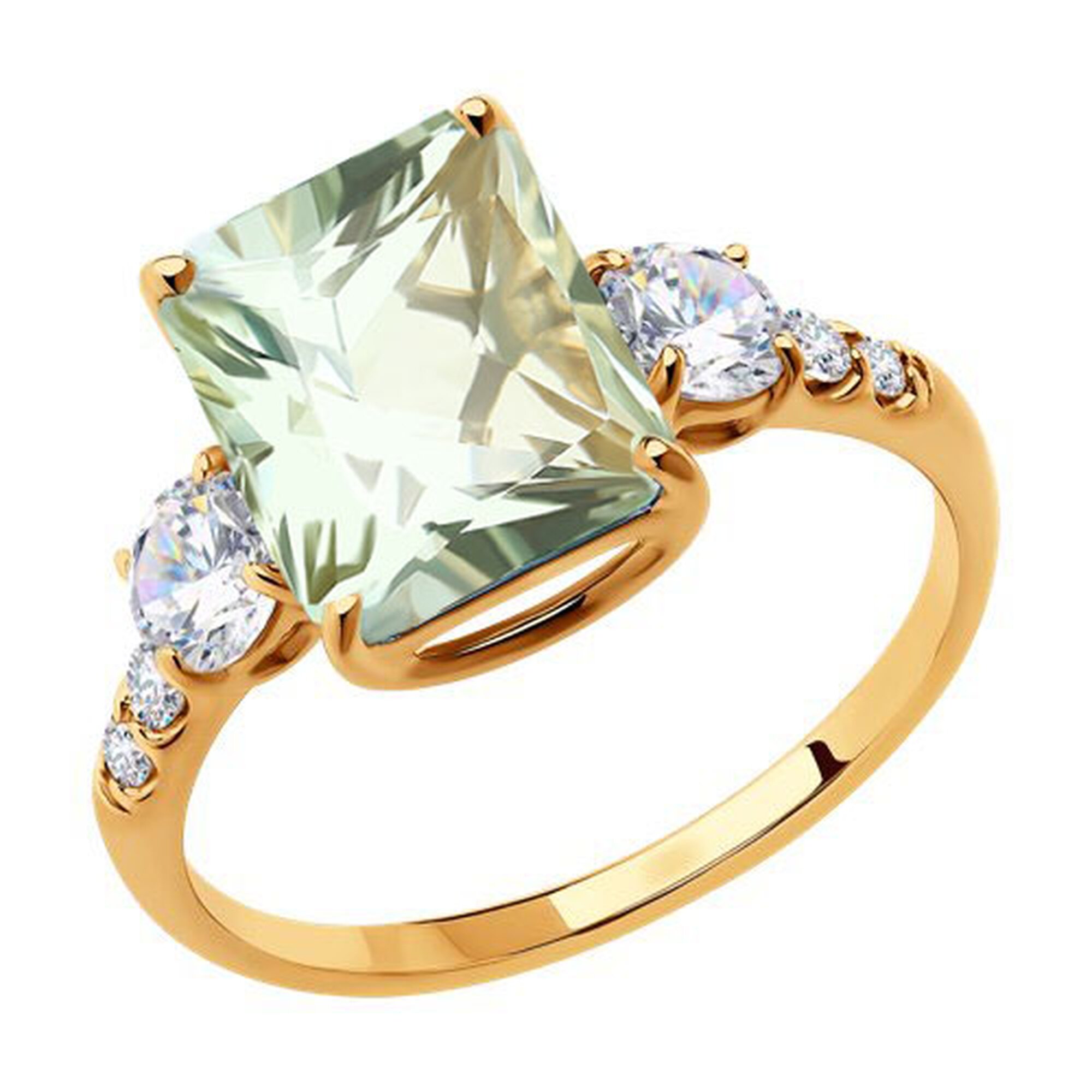 Кольцо, красное золото, 585 проба, фианит, празиолит