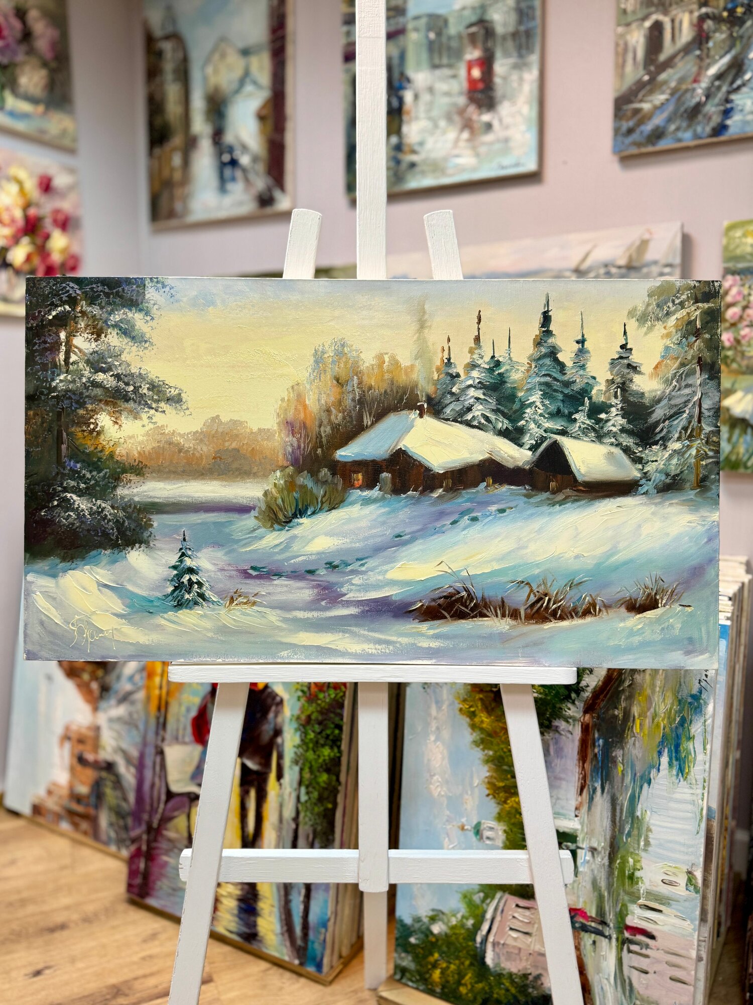 Картина маслом Зимний пейзаж. Импрессионизм. Домики в лесу. 90x50 см. Художественная мастерская Грёзы.