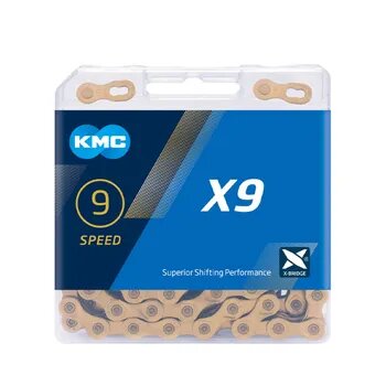 Велосипедная цепь KMC X9 Gold 1/2" X 11/128" для 9 скоростей, 116 звеньев, в штучной упаковке, с замком