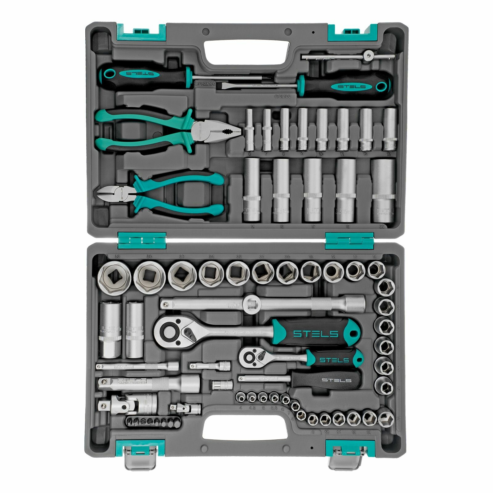 Набор инструментов, 1/2", 1/4", CrV, пластиковый кейс 69 предметов Stels