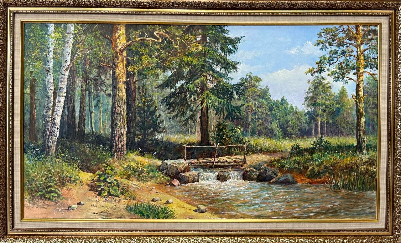 Картина маслом на холсте, летний пейзаж "Лесная речка", 50х90 см. Автор Остапенко Олег