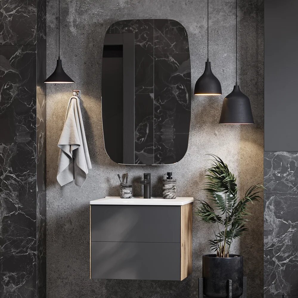 Тумба с раковиной AQUATON Сохо 60 подвесная, 60 см, серая, коричневая, матовая, из МДФ, с ящиками, раковина для ванной фарфоровая, прямоугольная, встроенный слив-перелив, лофт