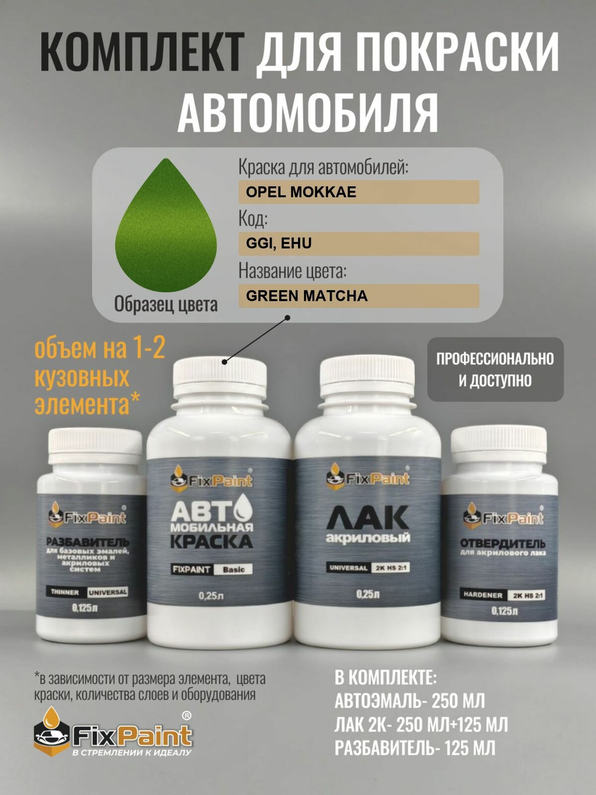 Комплект для покраски OPEL MOKKAE, код GGI, EHU, GREEN MATCHA, базовая автомобильная краска 250 мл, лак 2K 250 мл с отвердителем, разбавитель 125 мл, FixPaint Pro