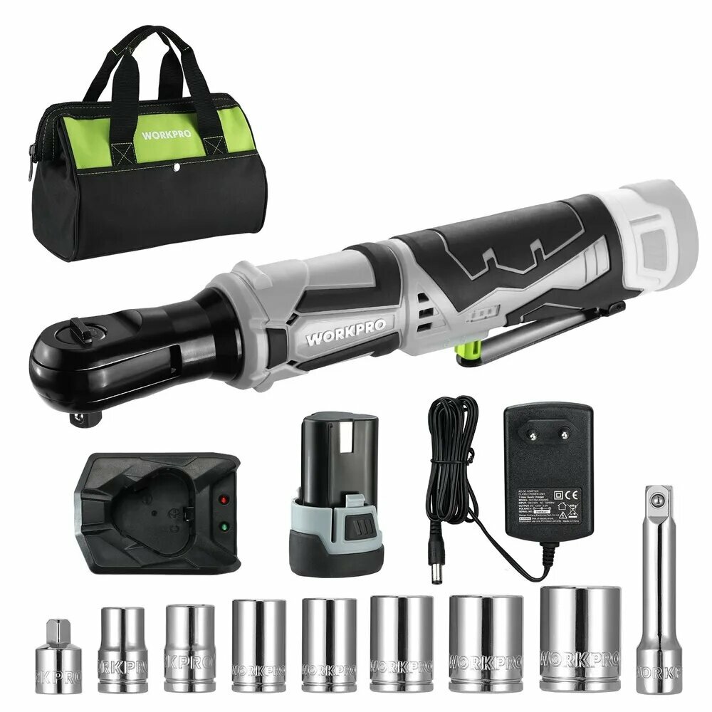 WORKPRO 12 В беспроводной электрический гаечный ключ с трещоткой, аккумулятором 2000 мАч, переменной скоростью, с 9 аксессуарами, 55 Нм
