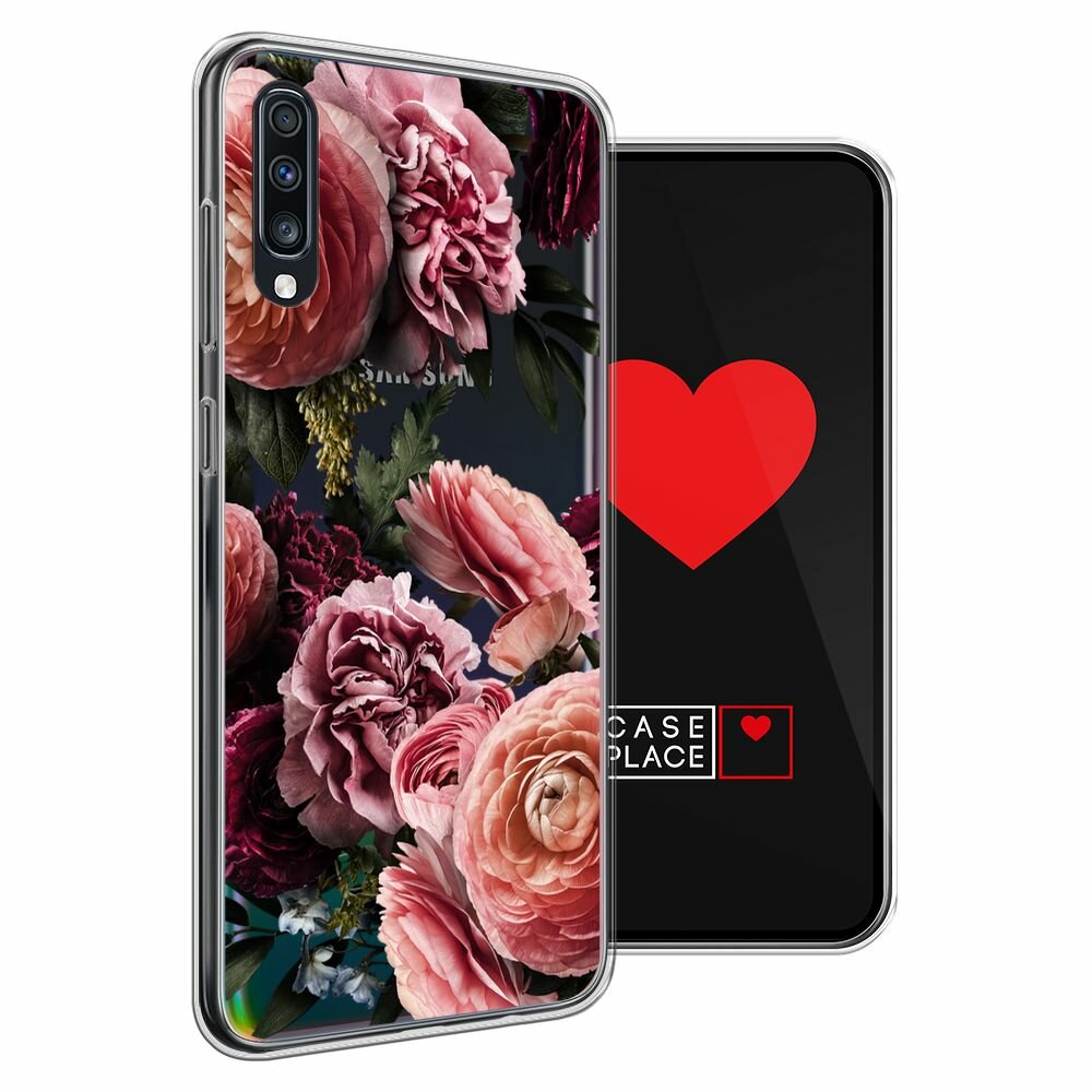 Чехол на Samsung Galaxy A70 / Самсунг Галакси А70 с принтом "Бордовые винтажные цветы", прозрачный — фото 1