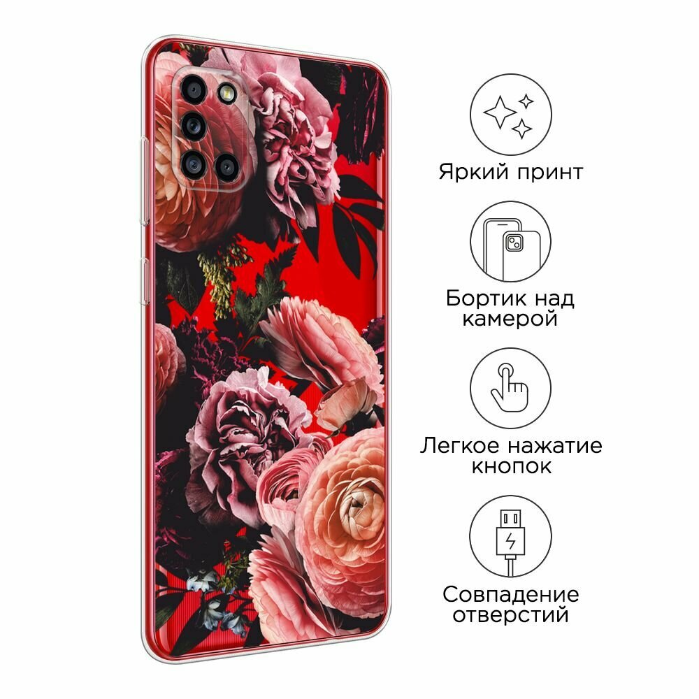 Чехол на Samsung Galaxy A31 / Самсунг Галакси А31 с принтом "Бордовые винтажные цветы", прозрачный — фото 1