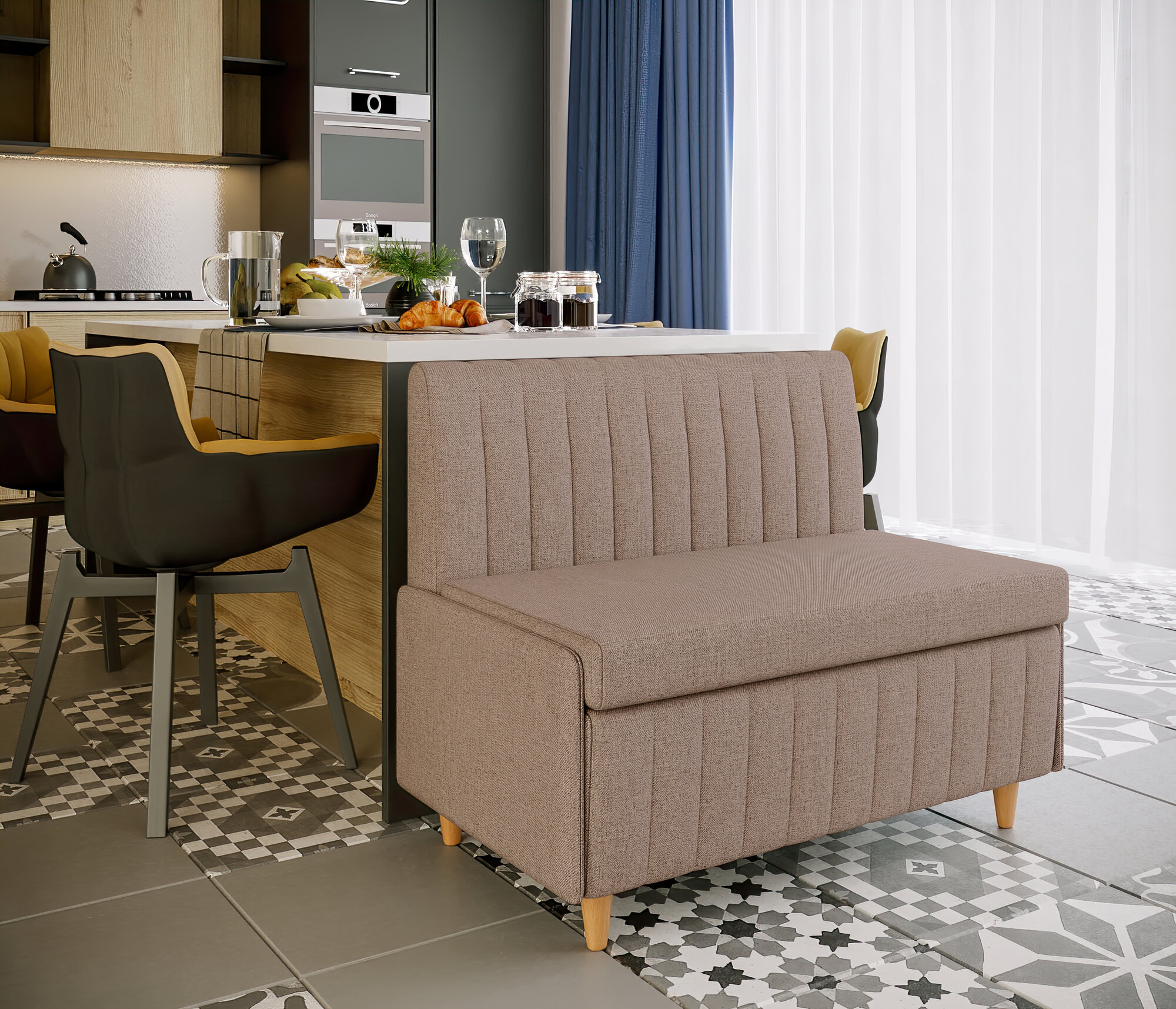 Прямой кухонный диван Мини, Саванна плюс бейдж, рогожка коричневая, ППУ, с ящиком