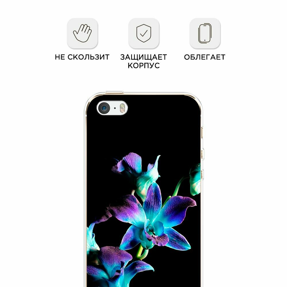 Чехол на Apple iPhone 5/5S/SE / Айфон 5/5S/SE с принтом "Синий цветок на черном" — фото 1