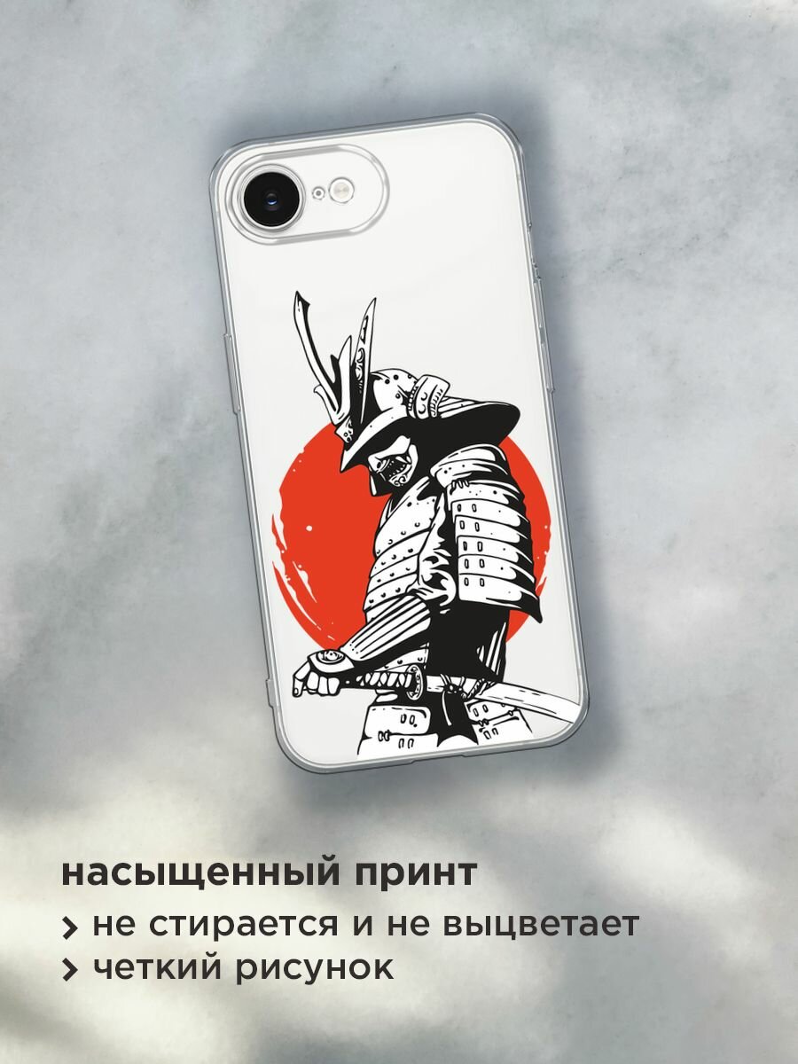 Чехол на Apple iPhone 16e/17e / Айфон 16е/17e с принтом "Самурай с катаной", прозрачный — фото 1