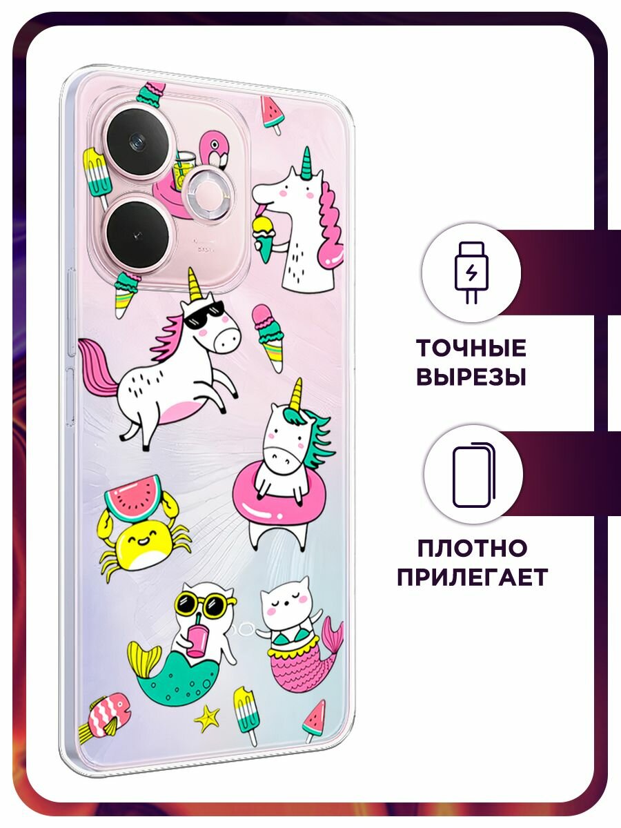 Чехол на Oppo A5 Pro / Оппо А5 Про с принтом "Единороги в отпуске", прозрачный — фото 1