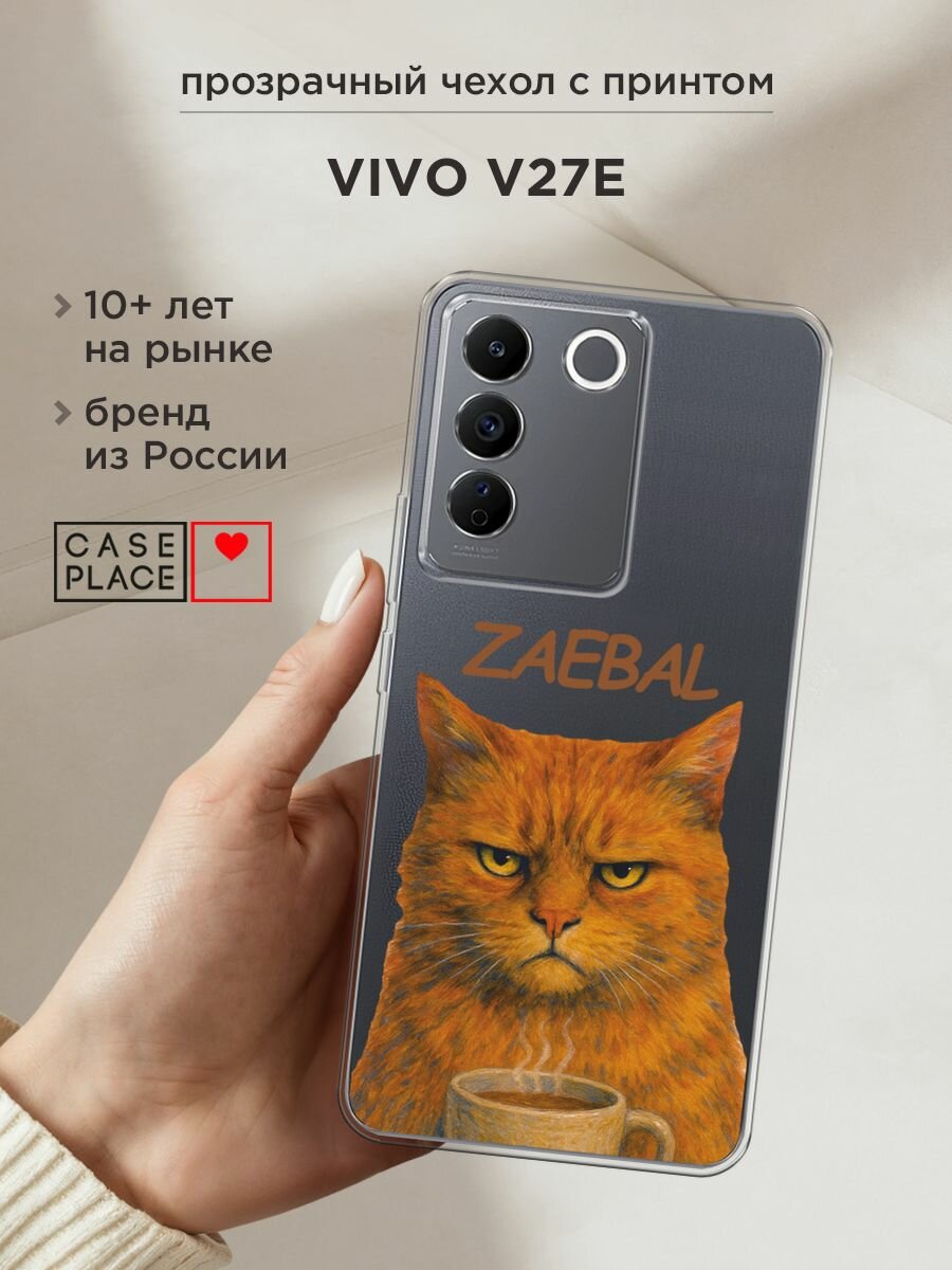 Чехол на Vivo V27e / Виво V27e с принтом "Рыжий кот с надписью", прозрачный