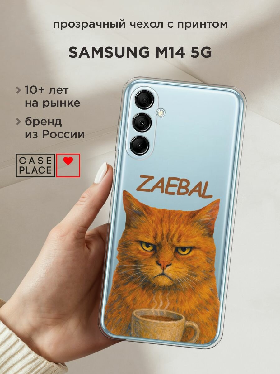 Чехол на Samsung Galaxy M14 5G / Галакси M14 5G с принтом "Рыжий кот с надписью", прозрачный