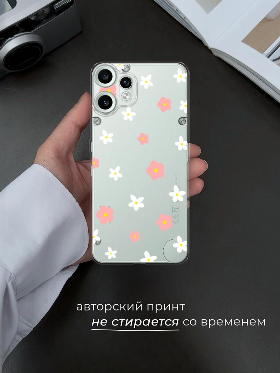 Чехол на CMF Phone 2 Pro / CMF Фон 2 Про с принтом "Розовые и белые цветы", прозрачный — фото 1