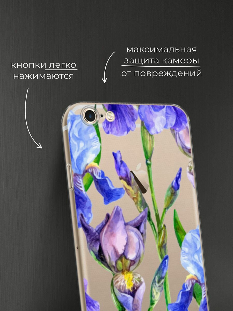 Чехол на Apple iPhone 6 Plus/6S Plus / Айфон 6 Плюс/Айфон 6С Плюс с принтом "Синие ирисы", прозрачный — фото 1