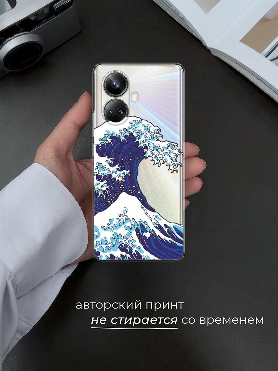 Чехол на Realme 10 Pro+ / Реалми 10 Про+ с принтом "Волна над Фудзи", прозрачный — фото 1