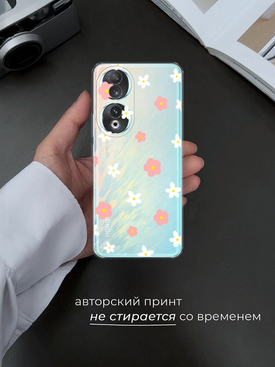 Чехол на Honor 90 / Хонор 90 с принтом "Розовые и белые цветы", прозрачный — фото 1