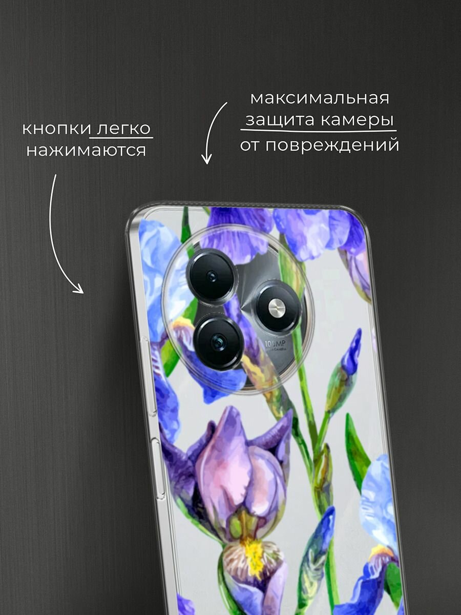 Чехол на Itel S24 / Ител S24 с принтом "Синие ирисы", прозрачный — фото 1