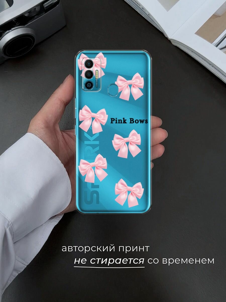 Чехол на Tecno Spark 7 / Техно Спарк 7 с принтом "Pink Bows", прозрачный — фото 1