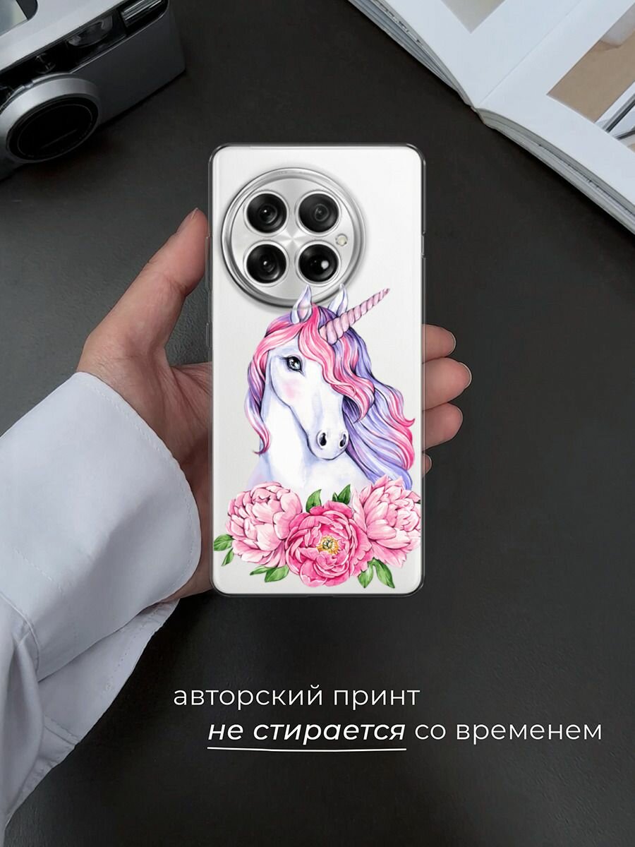 Чехол на OnePlus 13 / Ван Плас 13 с принтом "Единорог с пионами", прозрачный — фото 1