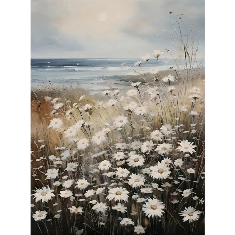 Пейзаж с далиями, море, 50x70см, без рамы, Burgundy