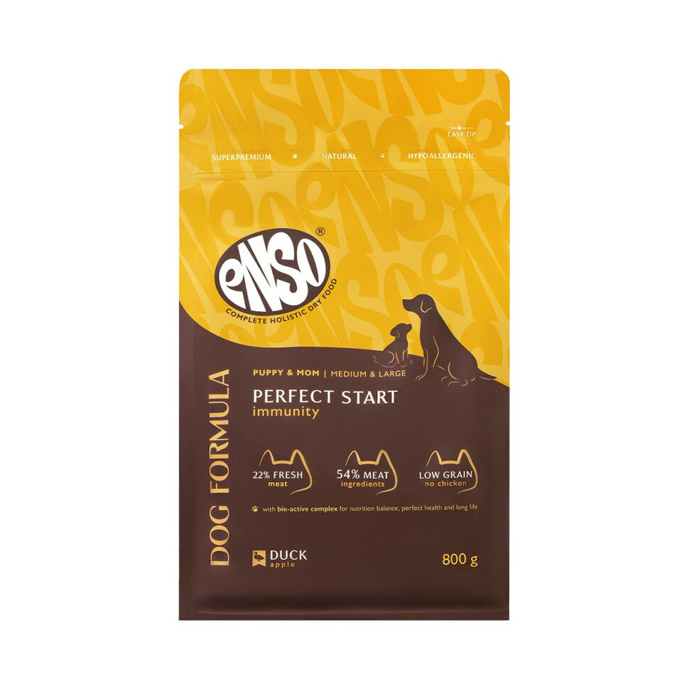Сухой корм ENSO Dog Formula для щенков от 1 месяца, беременных и кормящих собак средних/крупных пород, утка/яблоко-800г