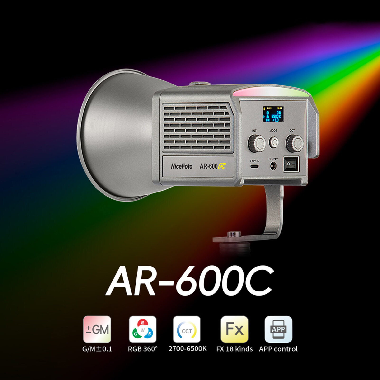 NiceFoto AR-600C Портативный RGB Видео Светильник 50 Вт Светодиодный заполняющий свет для фотосъемки 2700K-6500K COB Студийный Светильник 18 Световых Эффектов Управление через Приложение С Отражателем Для Уличной И Внутренней Прямых Видеотрансляций