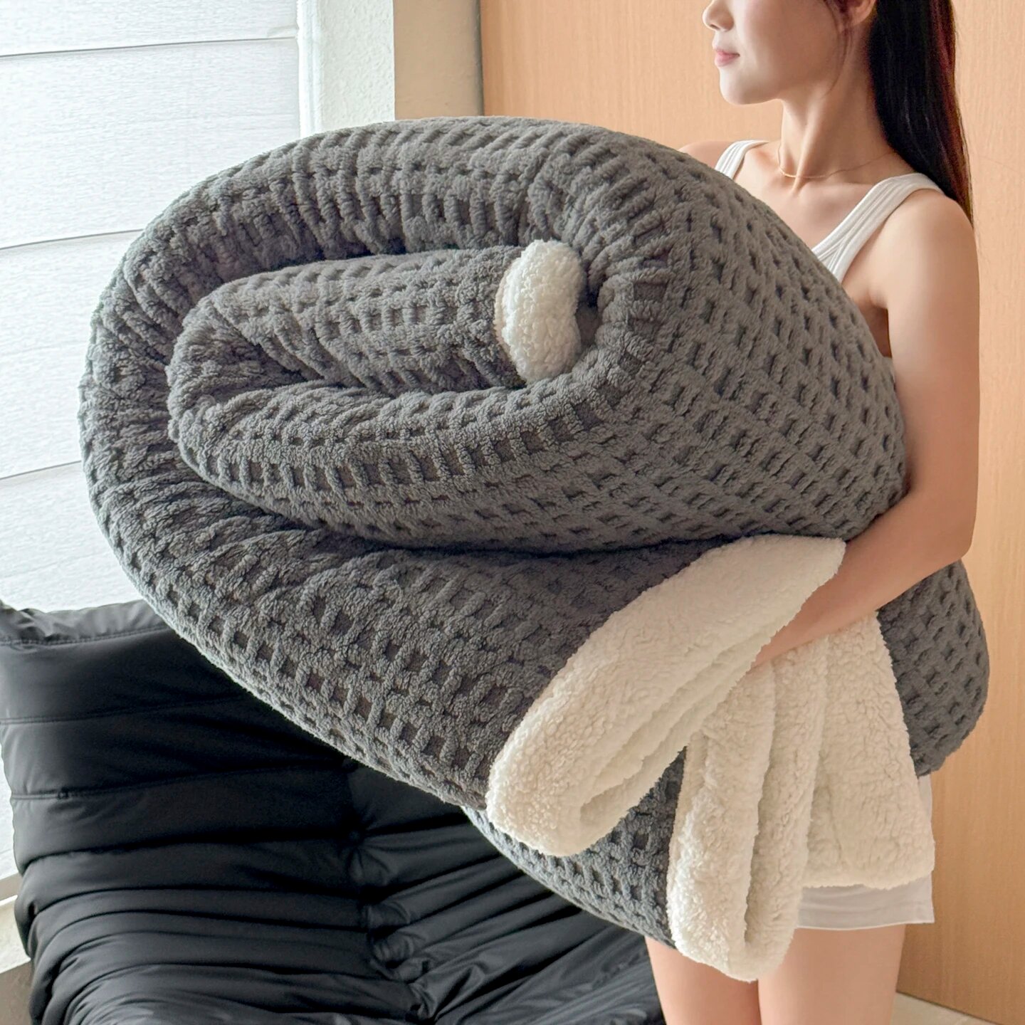 КДВ Флисовое одеяло двуспальное жаккардовое клетчатый Серый, 180x200cm, Dark Gray