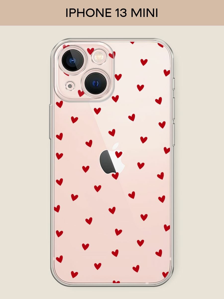 Чехол на Apple iPhone 13 mini / Айфон 13 мини с принтом "Red hearts", прозрачный
