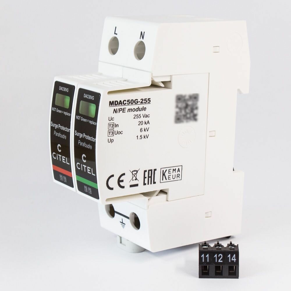 УЗИП CITEL DAC50VGS-11-275 (821130242) тип 2+3, для защиты однофазной сети переменного тока, импульс Imax 50кА на полюс, технология VG